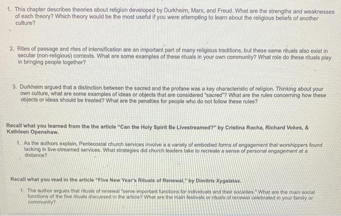 1. This chapter describes theories about religion | Chegg.com