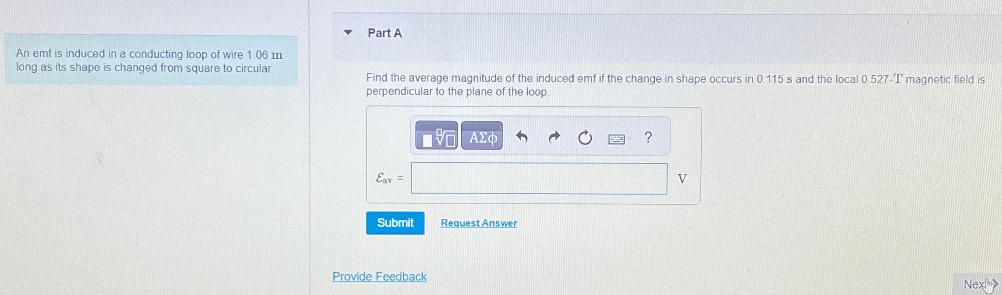 Solved An emf is induced in a conducting loop of wire 1.06m | Chegg.com
