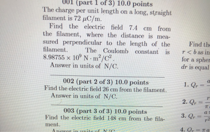 Solved 001 (part 1 of 3) 10.0 points The charge per unit | Chegg.com