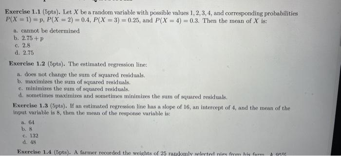 Solved Exercise 1.1 (5pts). Let X be a random variable with | Chegg.com