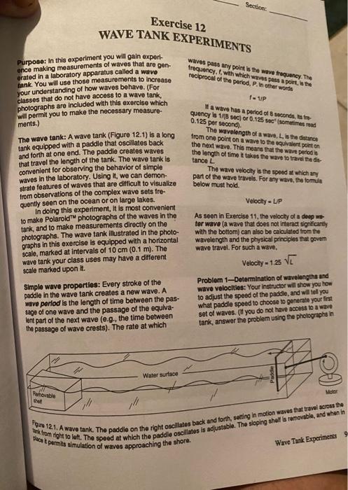 Section Exercise 12 WAVE TANK EXPERIMENTS waves | Chegg.com