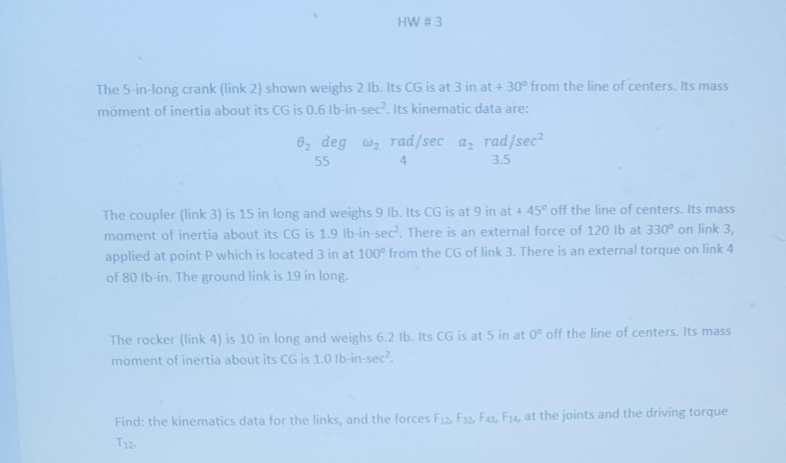 Solved The 5-in-long crank (link 2) shown weighs 2lb. Its CG | Chegg.com