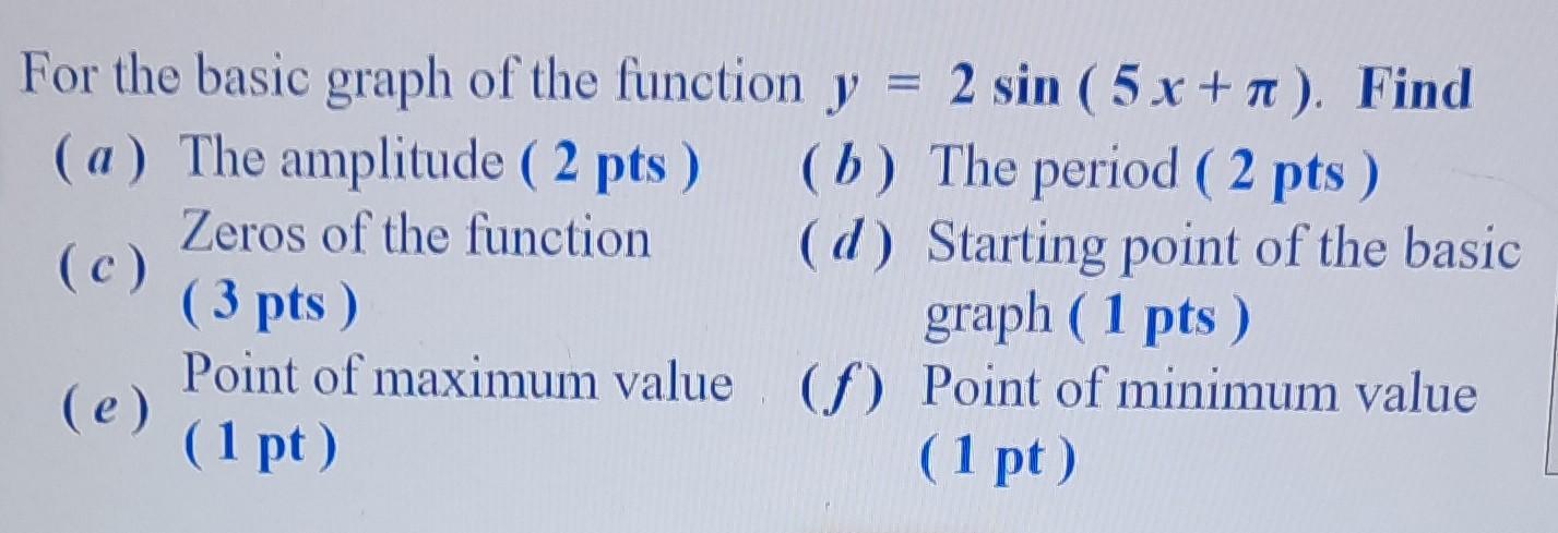 Solved For the basic graph of the function y=2sin(5x+π). | Chegg.com