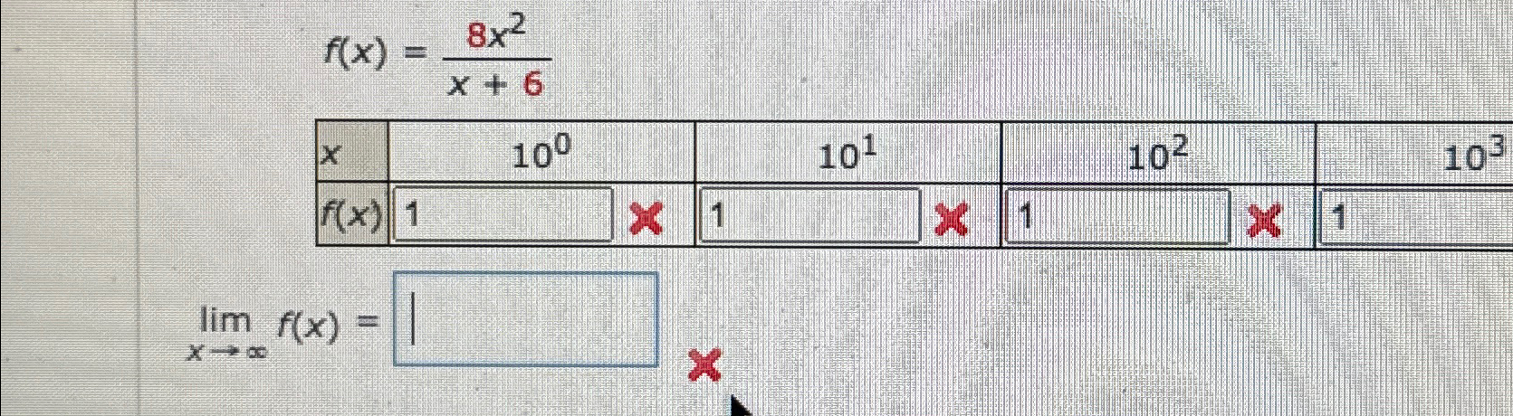 Solved f(x)=8x2x+6\table[[x,100,101,102,103 | Chegg.com