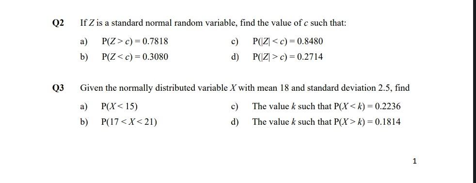 Q2 If Z is a standard normal random variable, find | Chegg.com