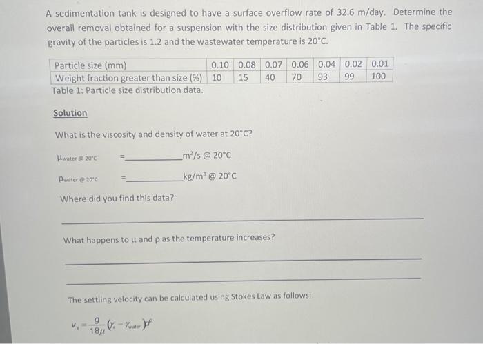 Solved A sedimentation tank is designed to have a surface | Chegg.com