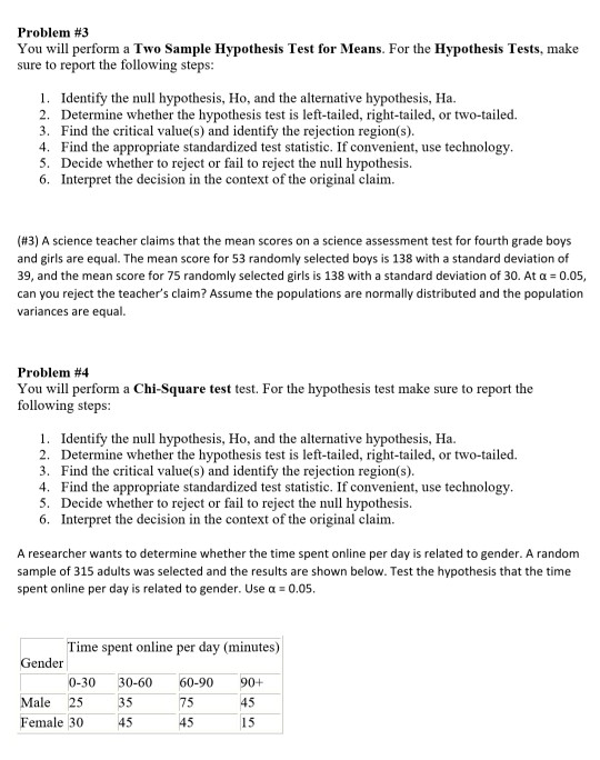 Solved Problem #3 You will perform a Two Sample Hypothesis | Chegg.com