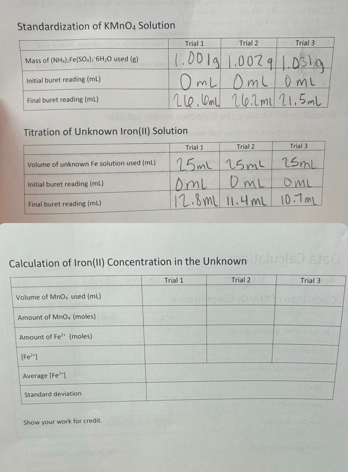 Standardization of KMnO4 ﻿Solution\table[[,Trial | Chegg.com