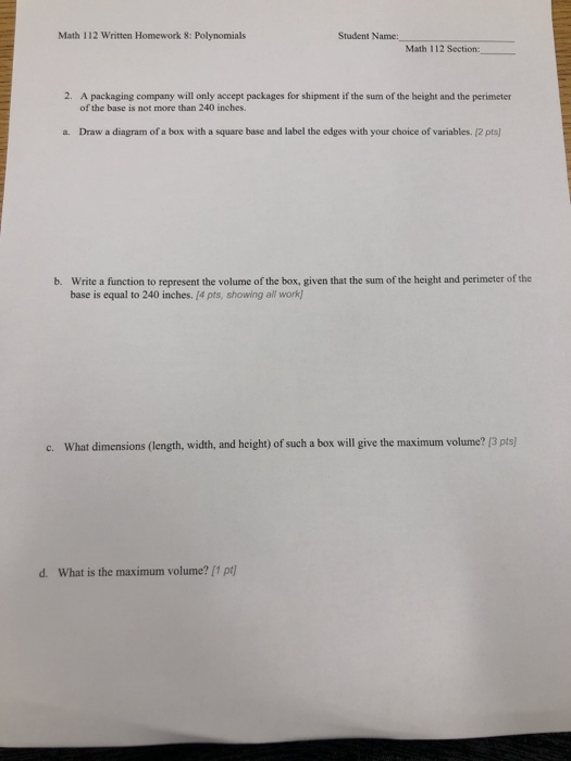 Solved Math 112 Written Homework 8: Polynomials Student | Chegg.com