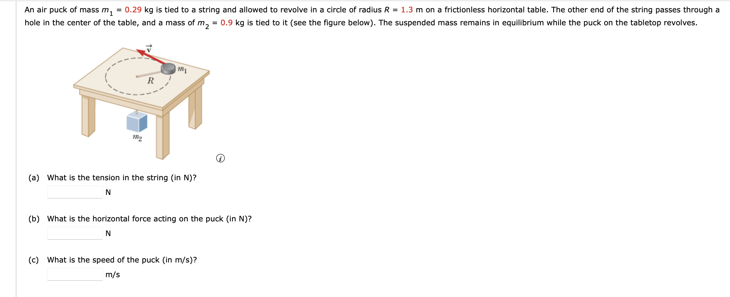 Solved An air puck of mass m1=0.29kg ﻿is tied to a string | Chegg.com
