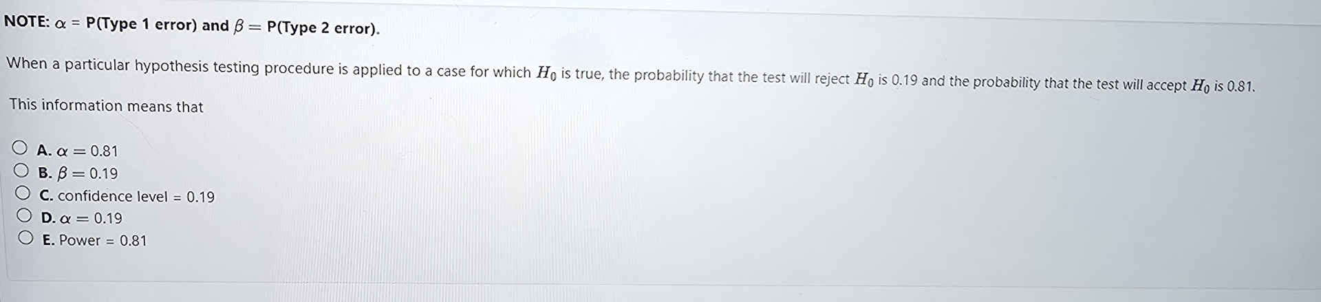 Solved NOTE: α=P (Type 1 ﻿error) ﻿and β=P (Type 2 | Chegg.com