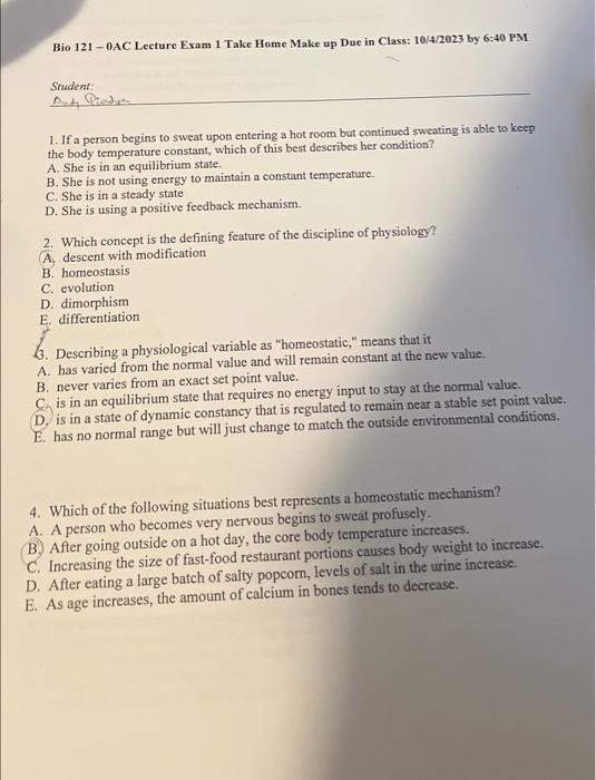 Solved lo Bio 121-0AC Lecture Exam 1 Take Home Make up Due | Chegg.com