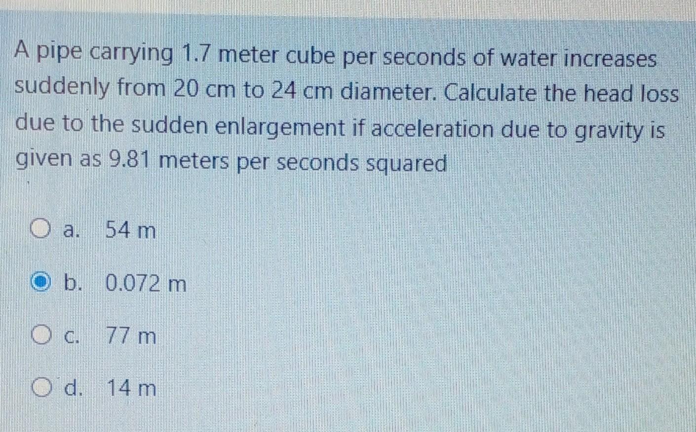 Solved A pipe carrying 1.7 meter cube per seconds of water | Chegg.com