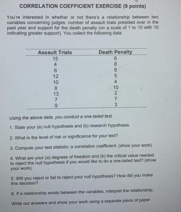 Solved CORRELATION COEFFICIENT EXERCISE ( 9 points) You're | Chegg.com