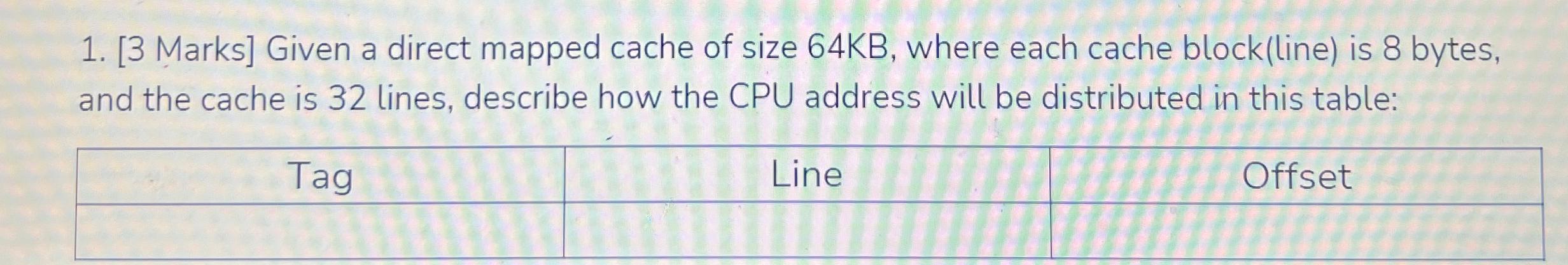 Solved [3 ﻿Marks] ﻿Given a direct mapped cache of size 64KB, | Chegg.com