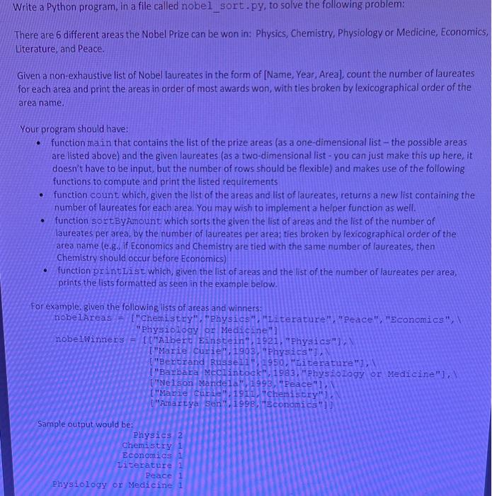 Solved Write a Python program, in a file called nobel_sort. | Chegg.com