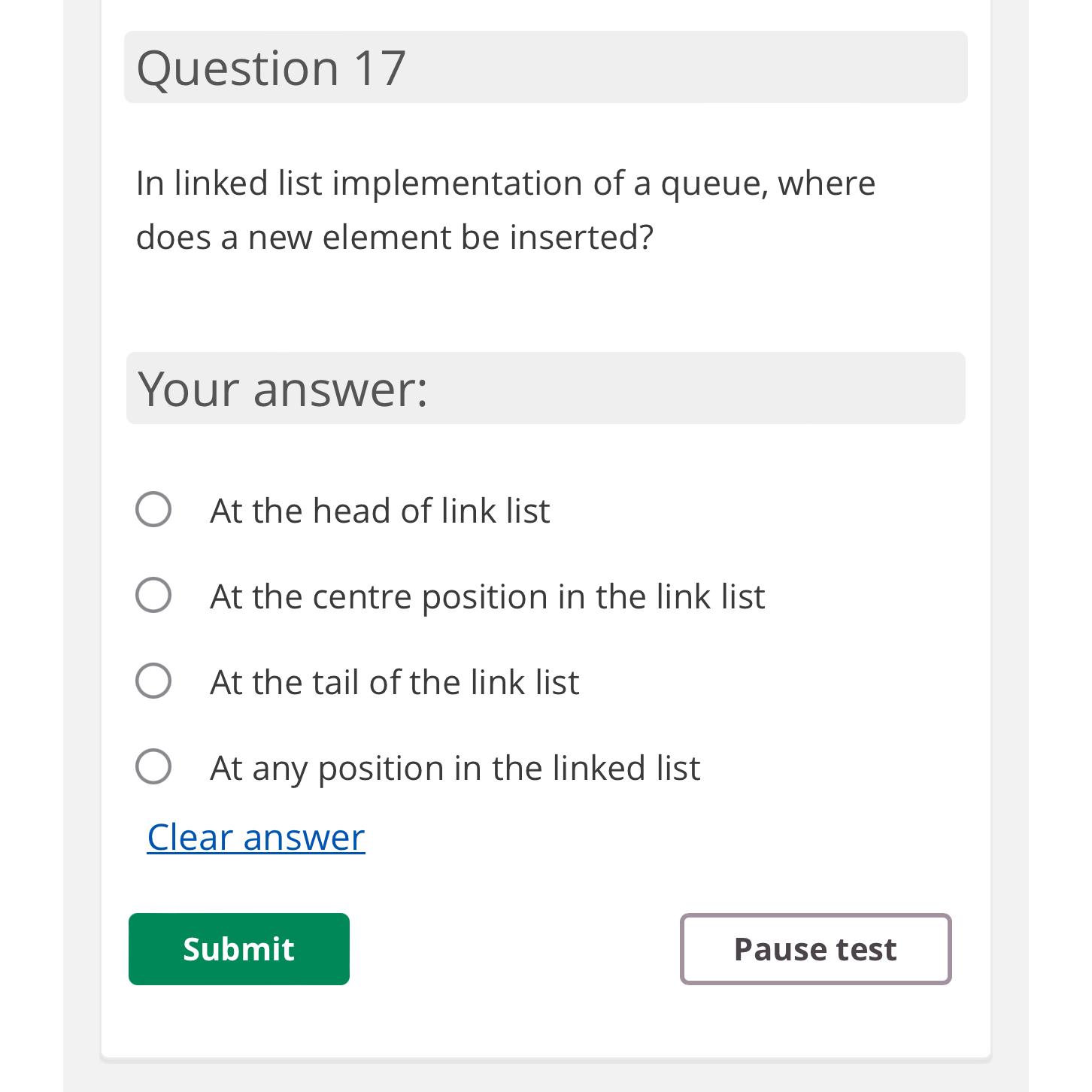 Solved Question 17In linked list implementation of a queue, | Chegg.com