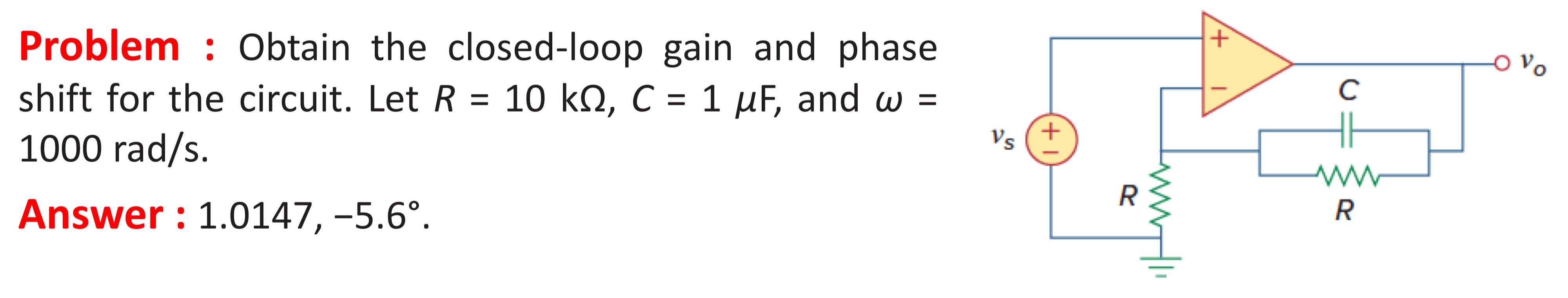 Solved Problem : Obtain the closed-loop gain and phase shift | Chegg.com