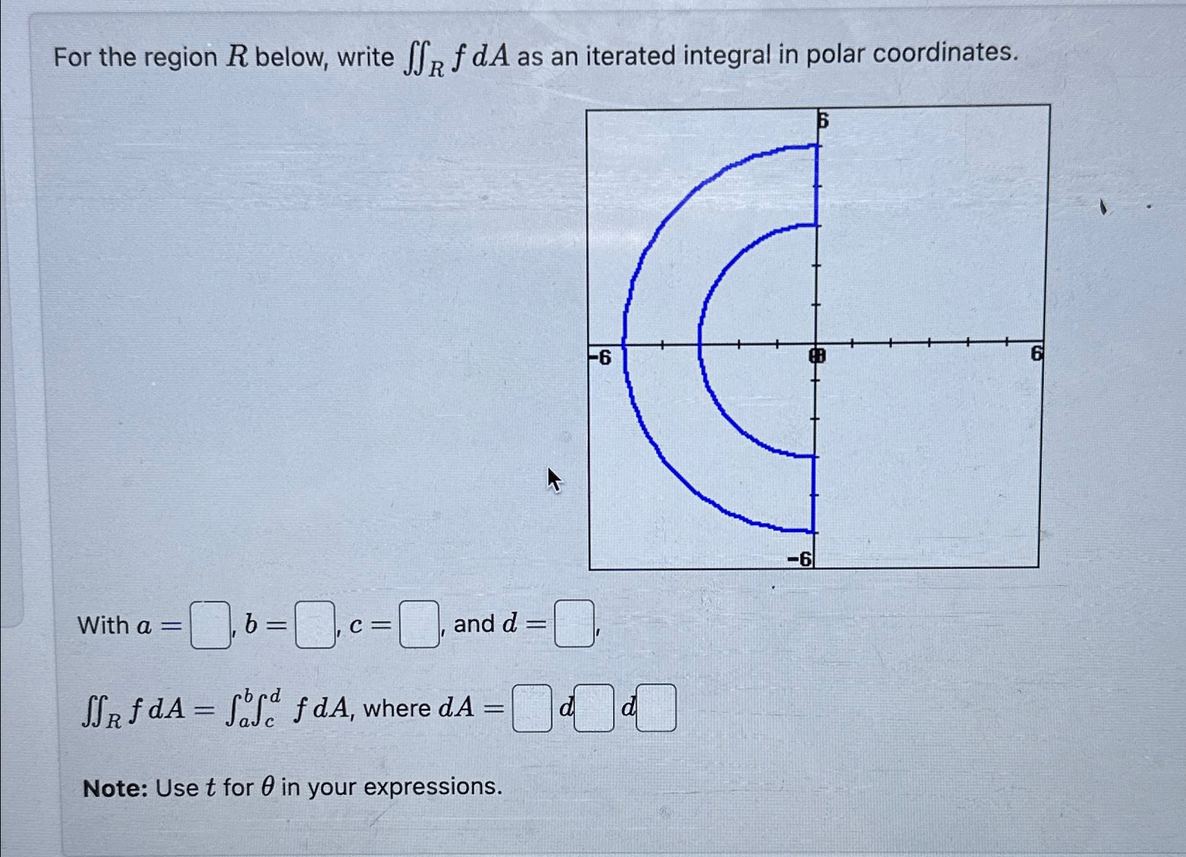 Solved For the region R ﻿below, write ∬RfdA as an iterated | Chegg.com