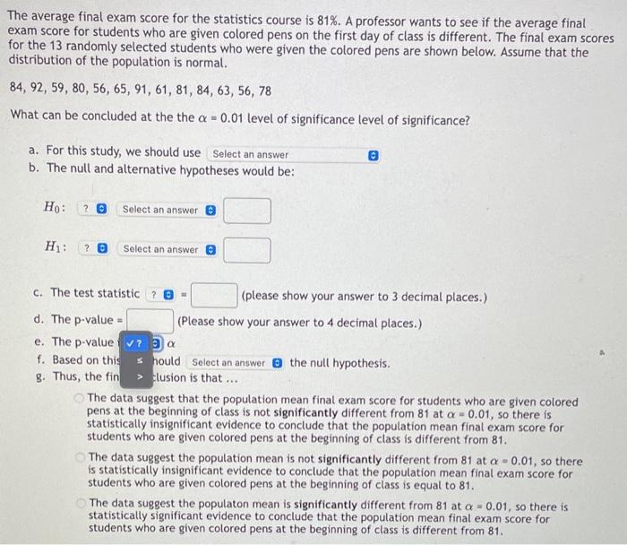 Solved The average final exam score for the statistics | Chegg.com