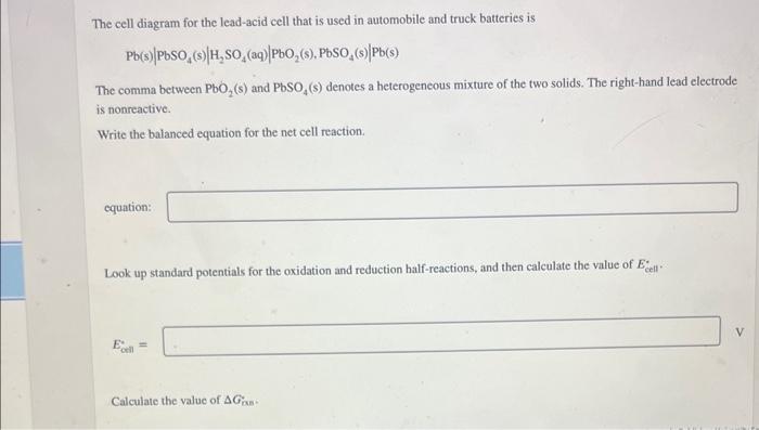 Solved The cell diagram for the lead-acid cell that is used | Chegg.com