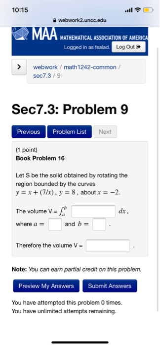 Solved 10:15 webwork 2.uncc.edu MATHEMATICAL ASSOCIATION OF | Chegg.com