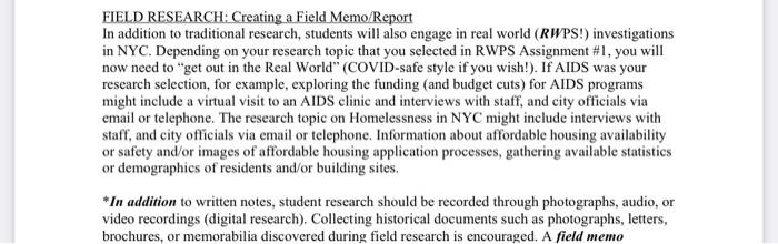 FIELD RESEARCH: Creating a Field Memo/Report In | Chegg.com