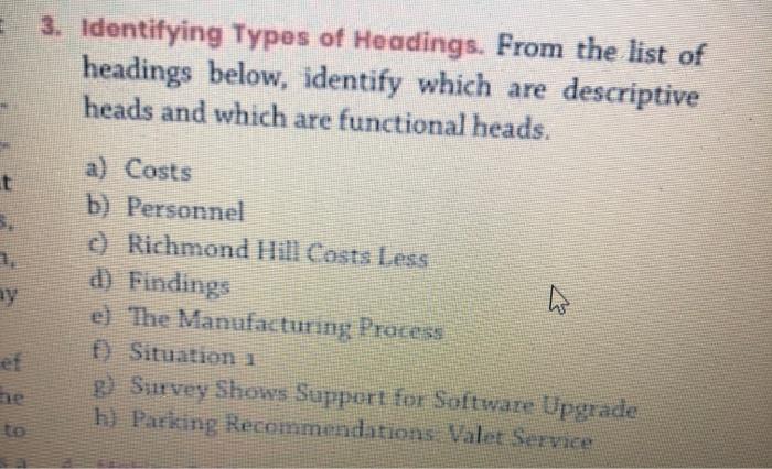 Solved 3. Identifying Types of Headings. From the list of | Chegg.com