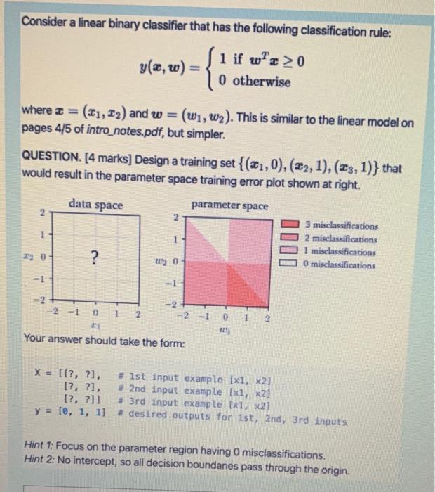 Consider a linear binary classifier that has the | Chegg.com