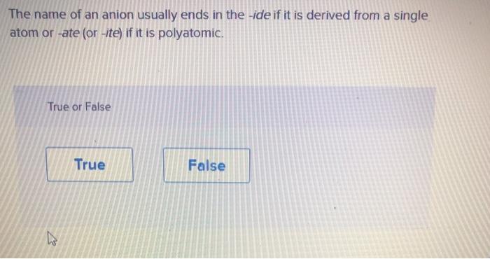 Solved The name of an anion usually ends in the -ide if it | Chegg.com