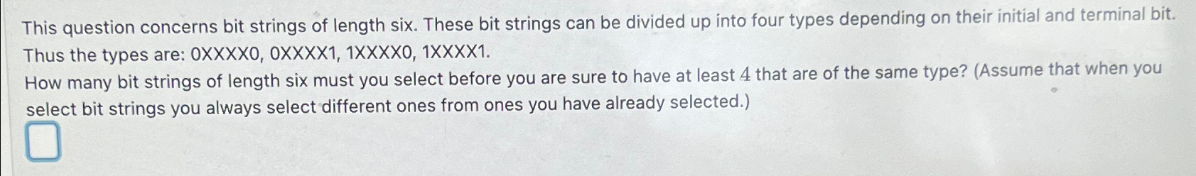 Solved This question concerns bit strings of length six. | Chegg.com