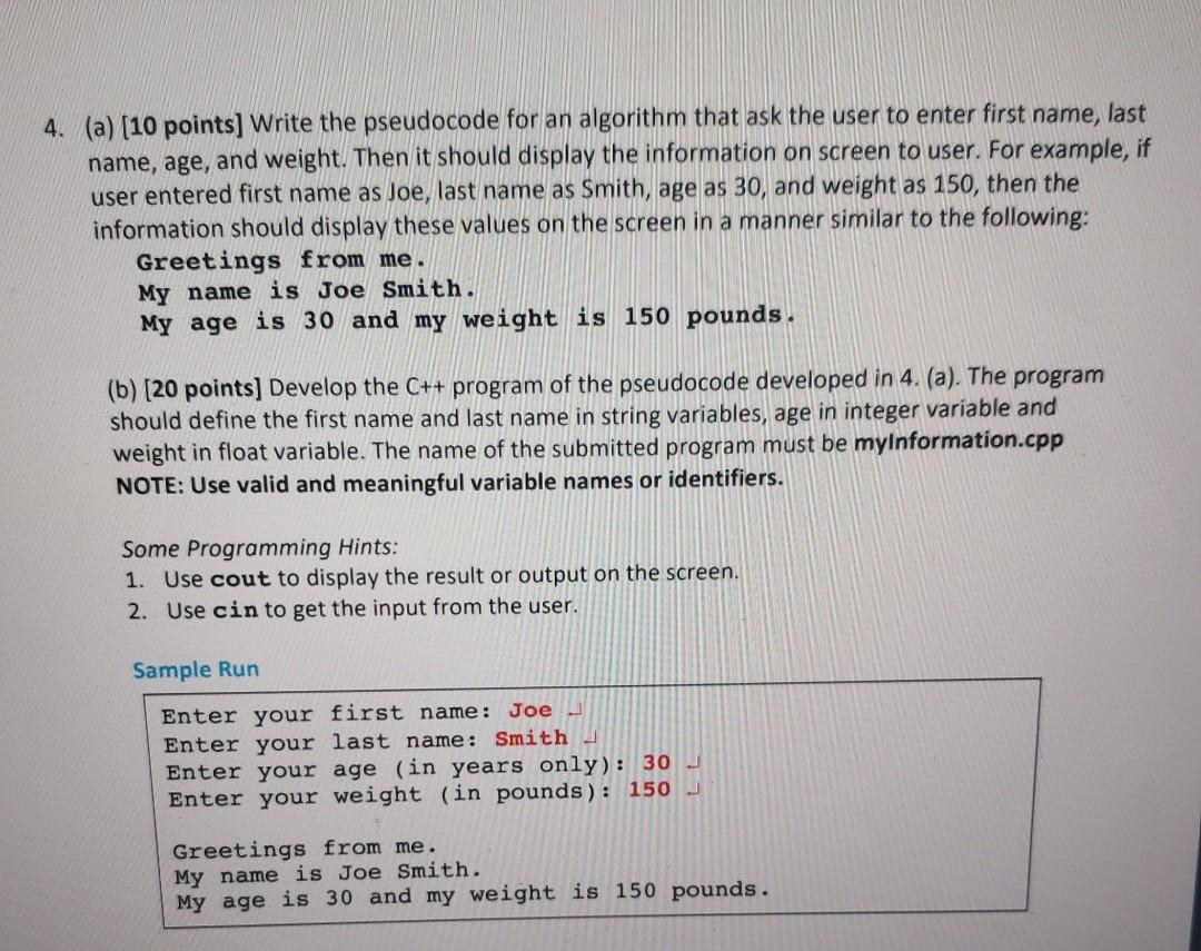 Solved 4 a 10 Points Write The Pseudocode For An Chegg