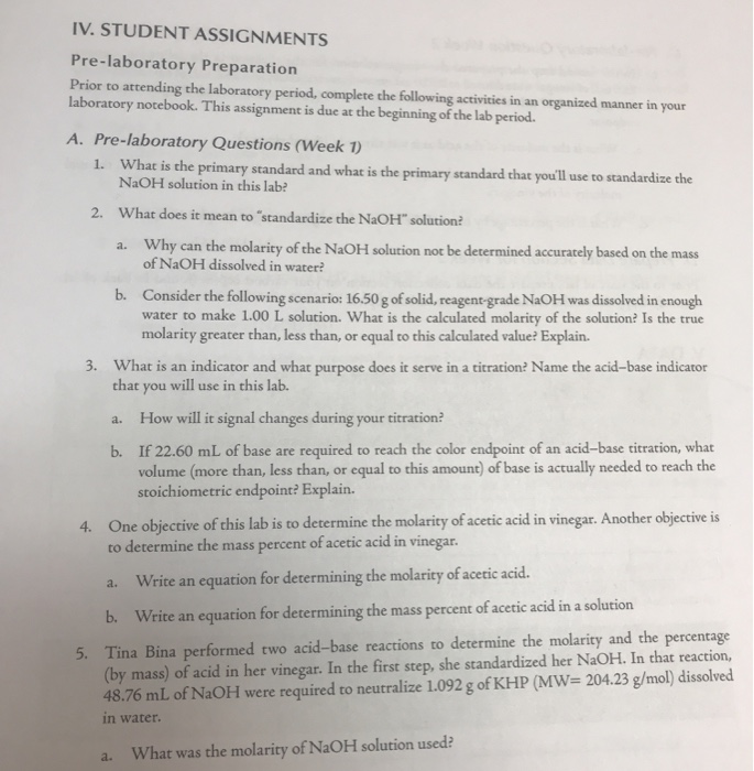 Solved IV. STUDENT ASSIGNMENTS Pre-laboratory Preparation | Chegg.com