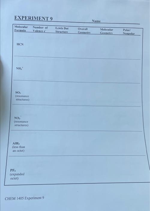 Solved EXPERIMENT 9 - Dot Structures and Geometries of | Chegg.com