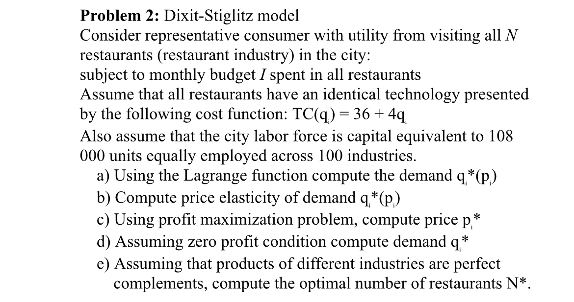 Solved Problem 2: Dixit-Stiglitz modelConsider | Chegg.com