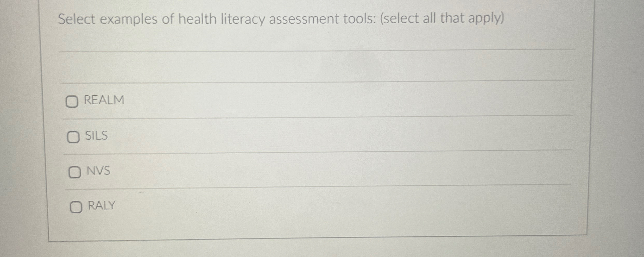 Solved Select examples of health literacy assessment tools: | Chegg.com