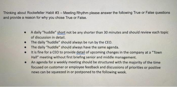 Solved Thinking about Rockefeller Habit #3 - Meeting Rhythm | Chegg.com