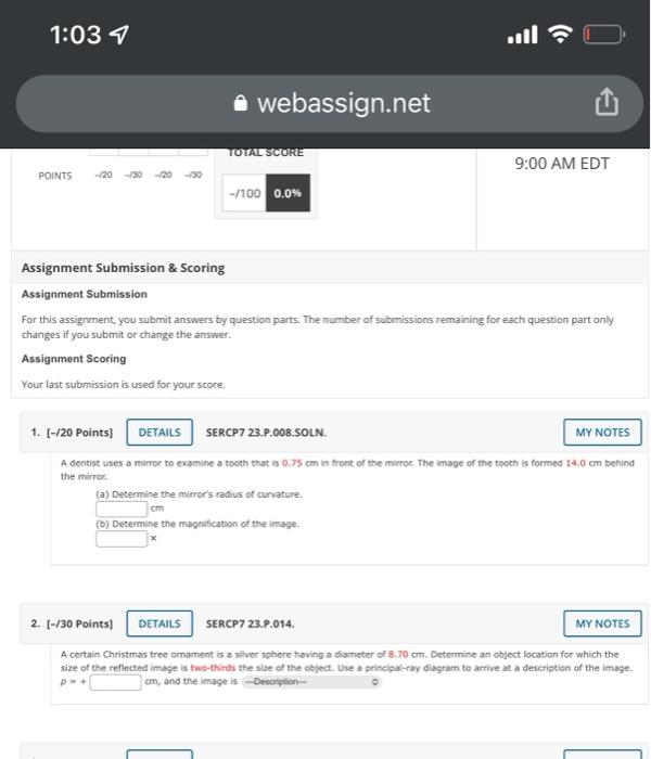 Solved 1:03 1 webassign.net TOTAL SCORE 9:00 AM EDT POINTS | Chegg.com