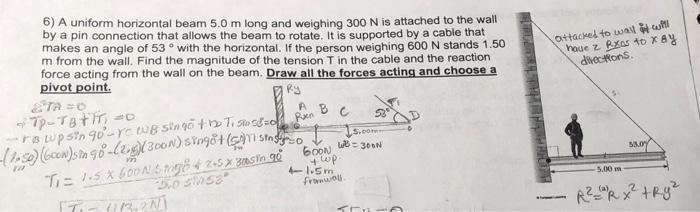 Solved 6) A uniform horizontal beam 5.0 m long and weighing | Chegg.com