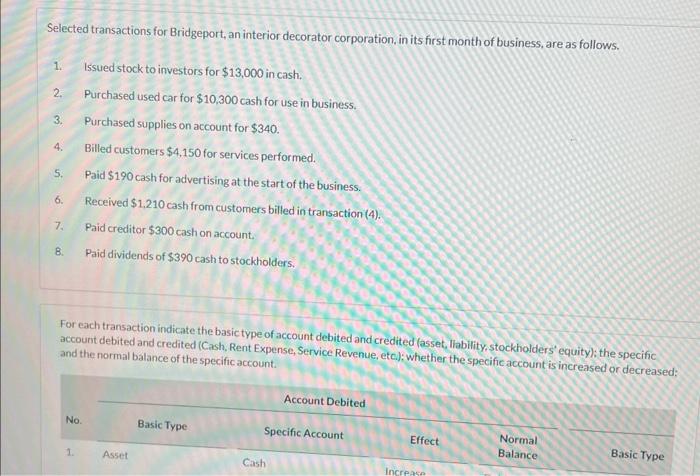 Solved Selected transactions for Bridgeport, an interior | Chegg.com