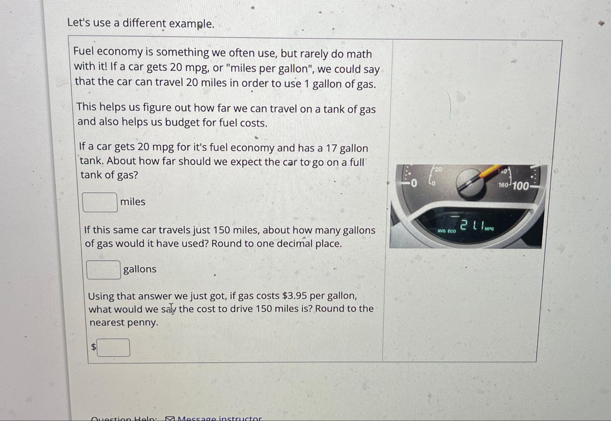 Solved Let's use a different example.Fuel economy is | Chegg.com