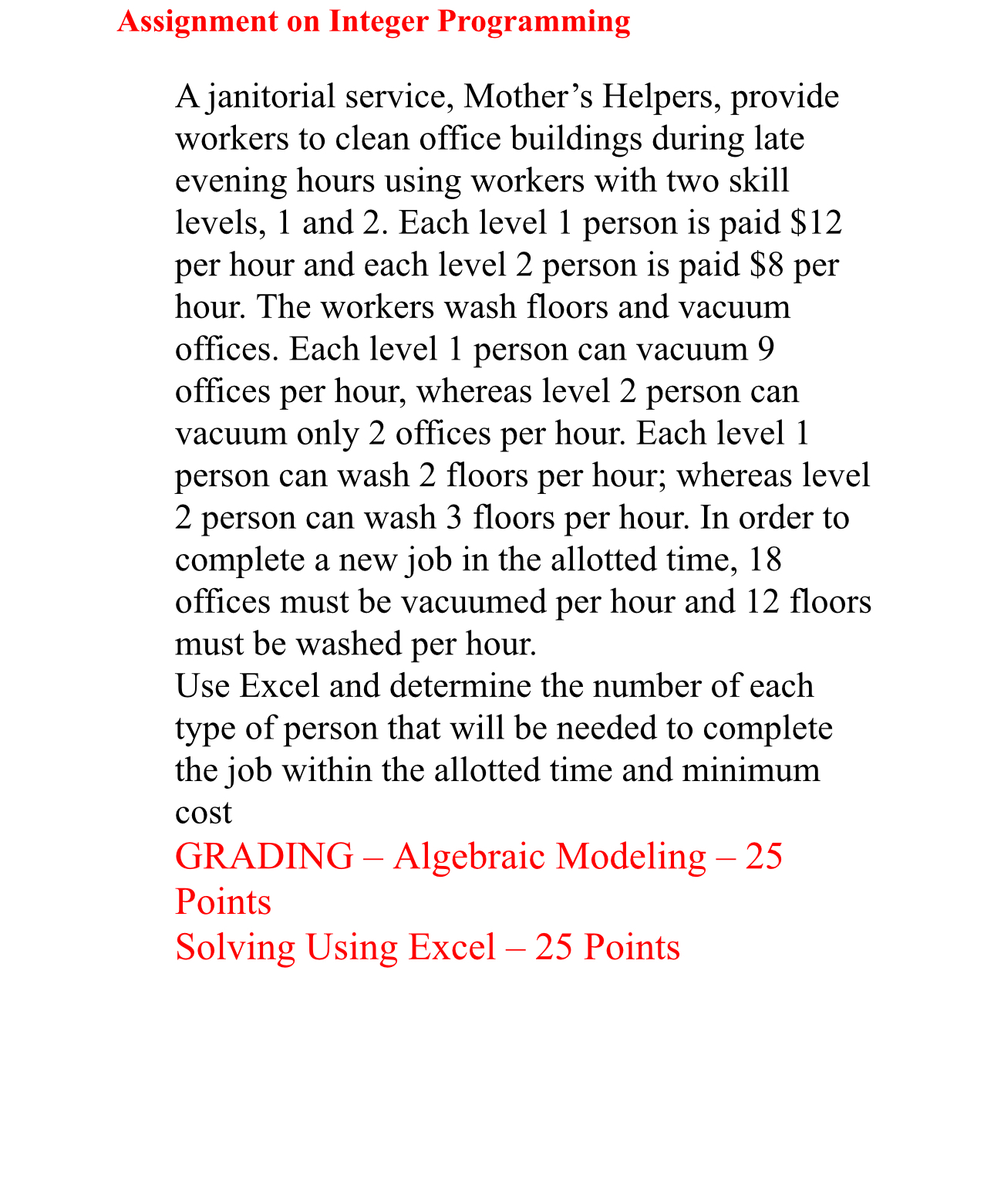 Solved Assignment on Integer ProgrammingA janitorial | Chegg.com