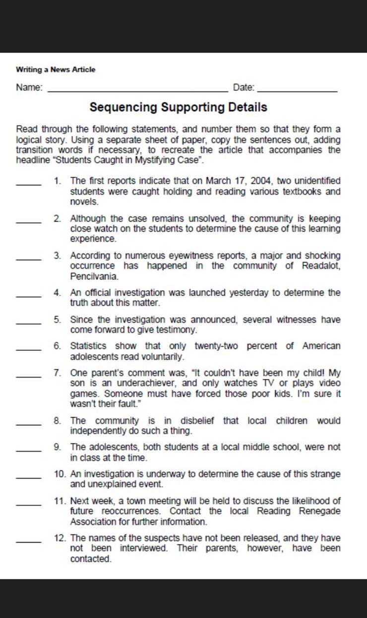 Writing a News Article Name: Date: Sequencing | Chegg.com