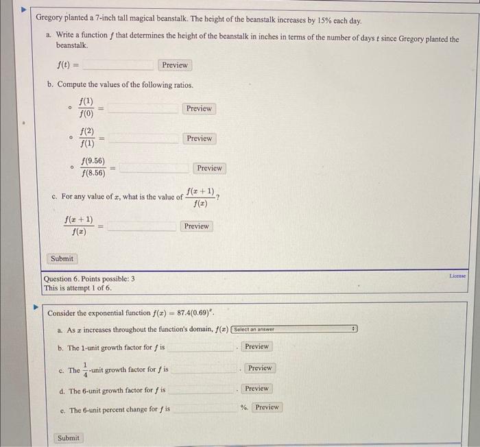 Solved iregory planted a 7-inch tall magical beanstalk. The | Chegg.com