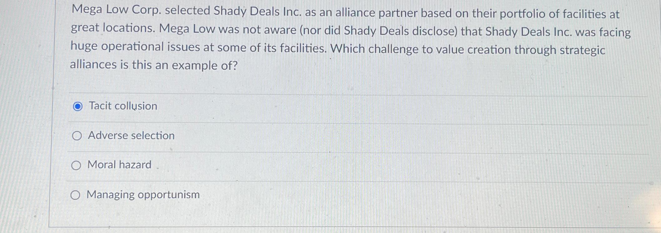 Solved Mega Low Corp. selected Shady Deals Inc. as an | Chegg.com