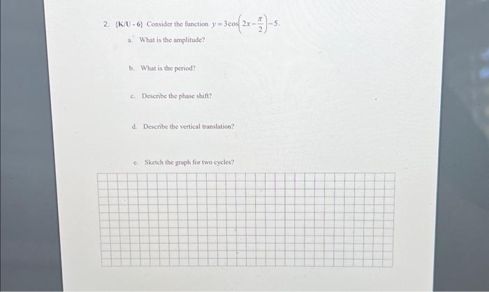 Solved 2. {K/U−6} Consider the function y=3cos(2x−2π)−5. a. | Chegg.com