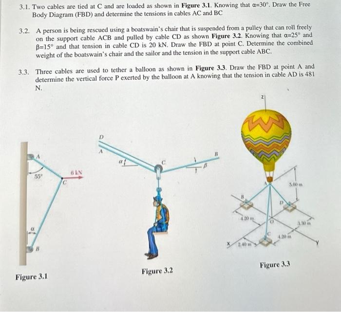 Solved 3.1. Two cables are tied at C and are loaded as shown | Chegg.com