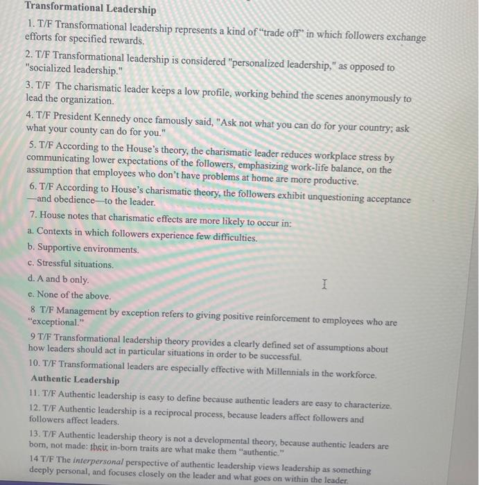 Solved Transformational Leadership 1. T/F Transformational | Chegg.com