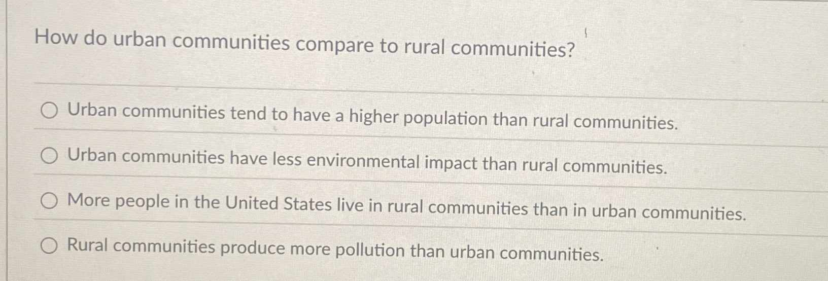 Solved How do urban communities compare to rural | Chegg.com