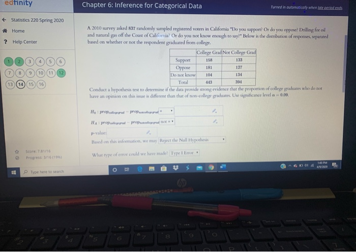 Solved edfinity Chapter 6: Inference for Categorical Data | Chegg.com
